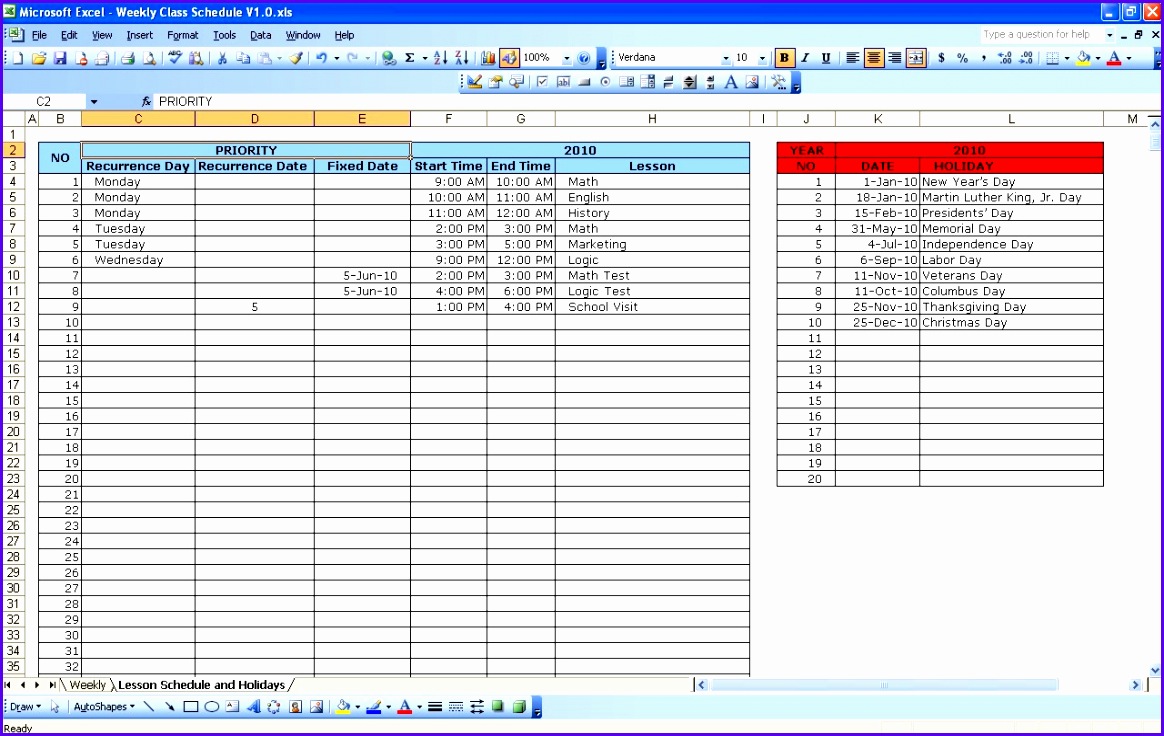 6 Excel Class Schedule Template Excel Templates